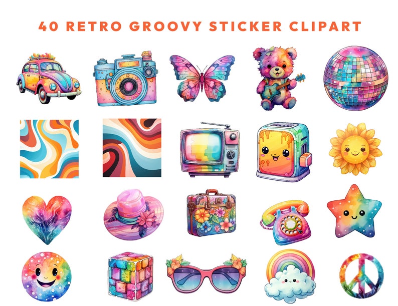 40 Watercolor Retro Groovy Sticker Clipart Bundle, 80 Retro Hippie ...