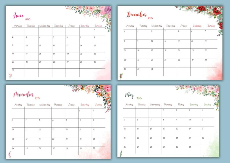 2025 Calendar Printable , Printable Floral Calendar 2025, 4A & US ...