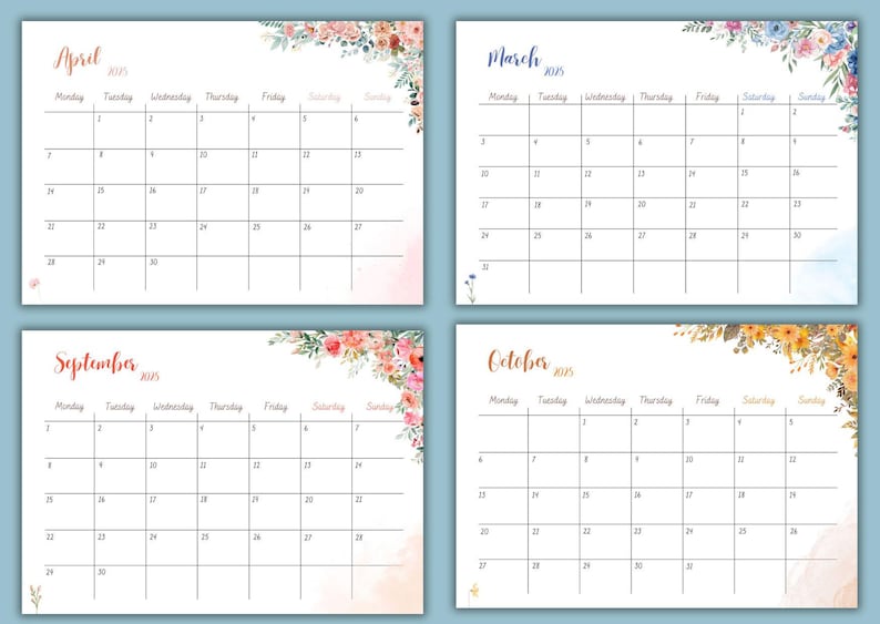 2025 Calendar Printable , Printable Floral Calendar 2025, 4A & US ...