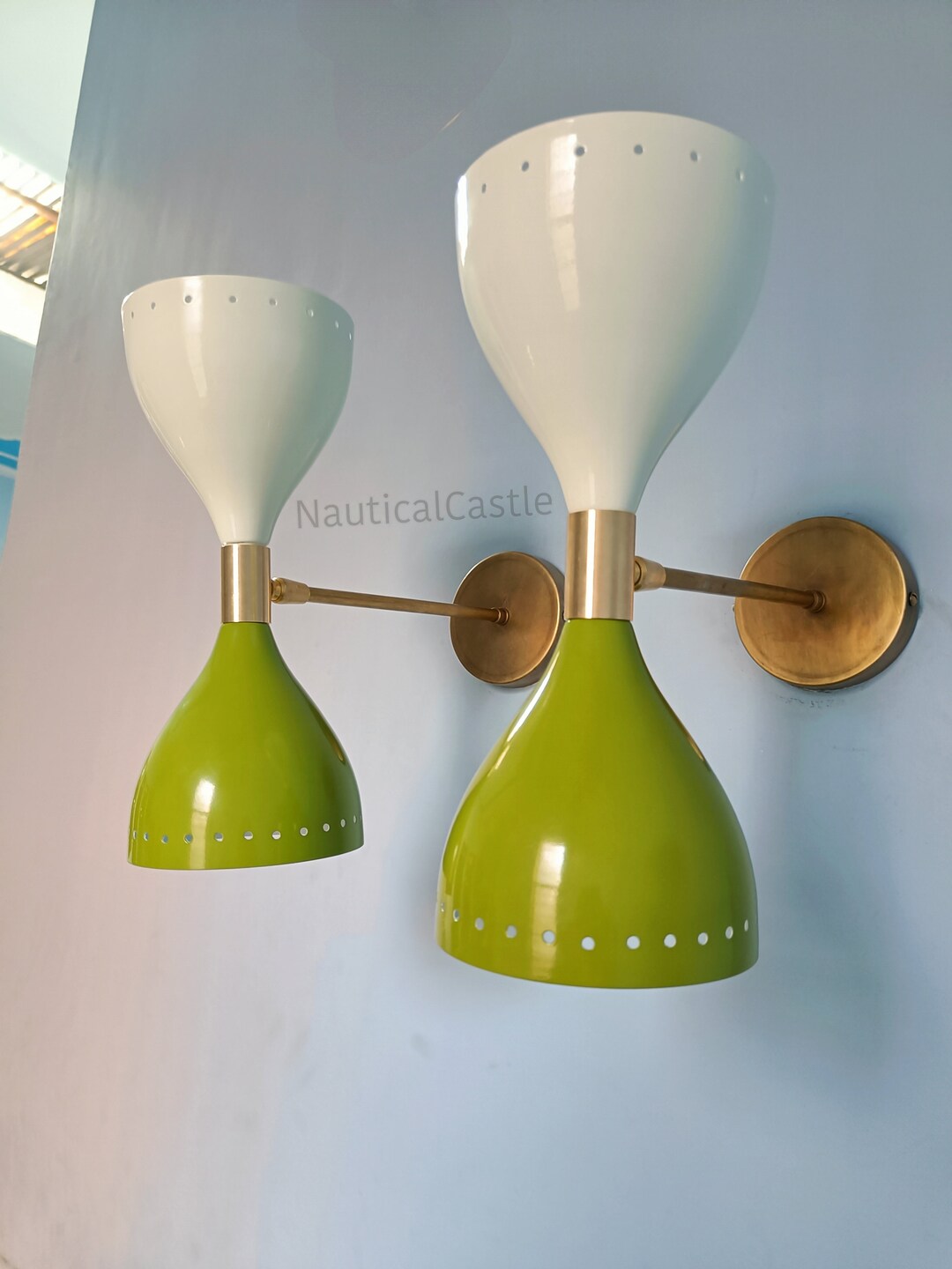 Buy White & Olive Green Wall Sconce Pair, Mid Century Italian Wall ...