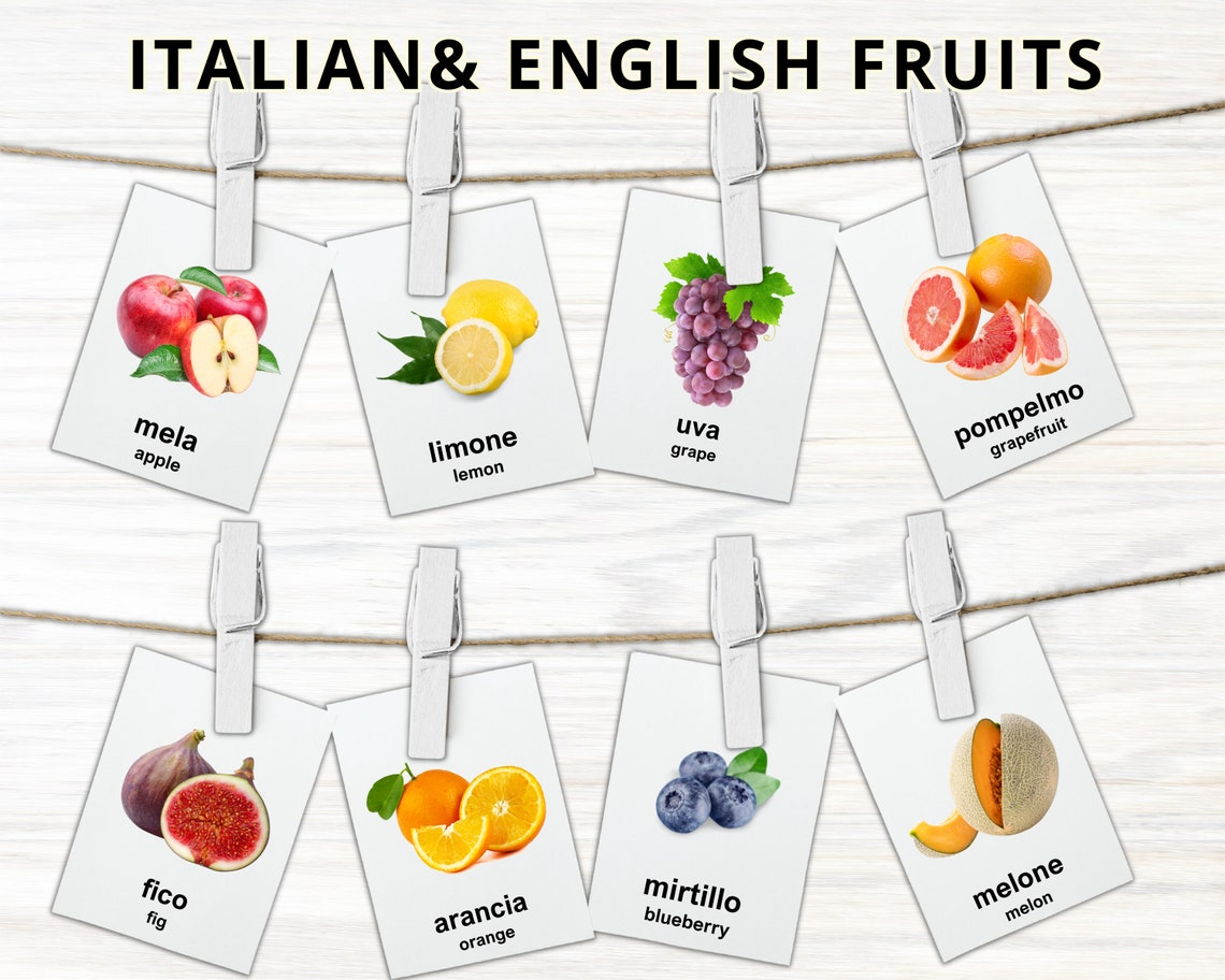 Italian & English Fruit Flashcards, Printable Bilingual Fruits Flash ...