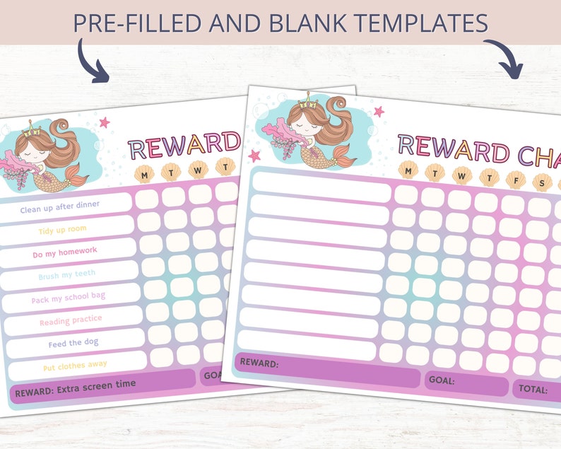 Editable Mermaid Reward Chart Kids Behavior Chart Children - Etsy