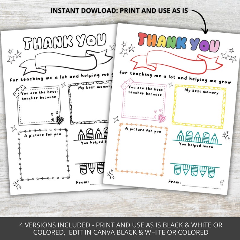 Teacher Appreciation Fill-in Thank You Card, Coloring Page (printable ...