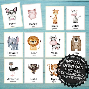 Spanish & English Animal Flashcards, Printable Bilingual Animals Flash ...