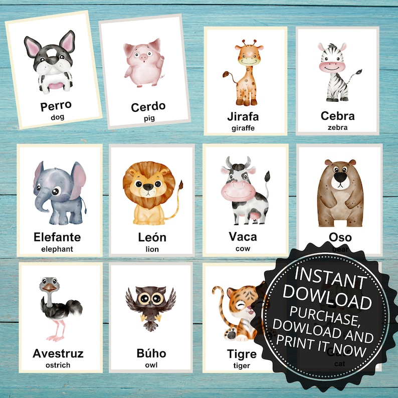 Spanish & English Animal Flashcards, Printable Bilingual Animals Flash ...
