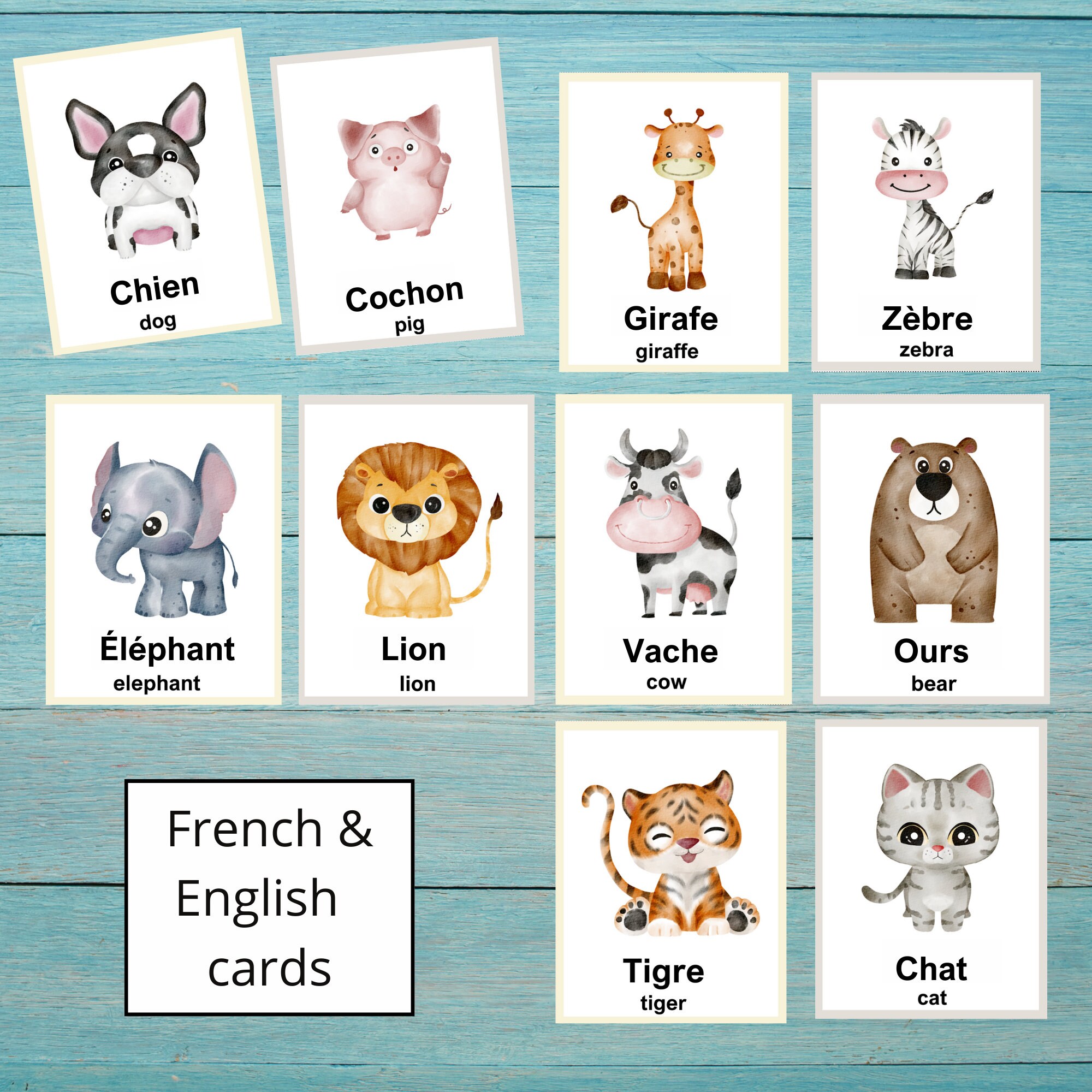 French & English Animal Flashcards, Printable Bilingual Animals Flash ...