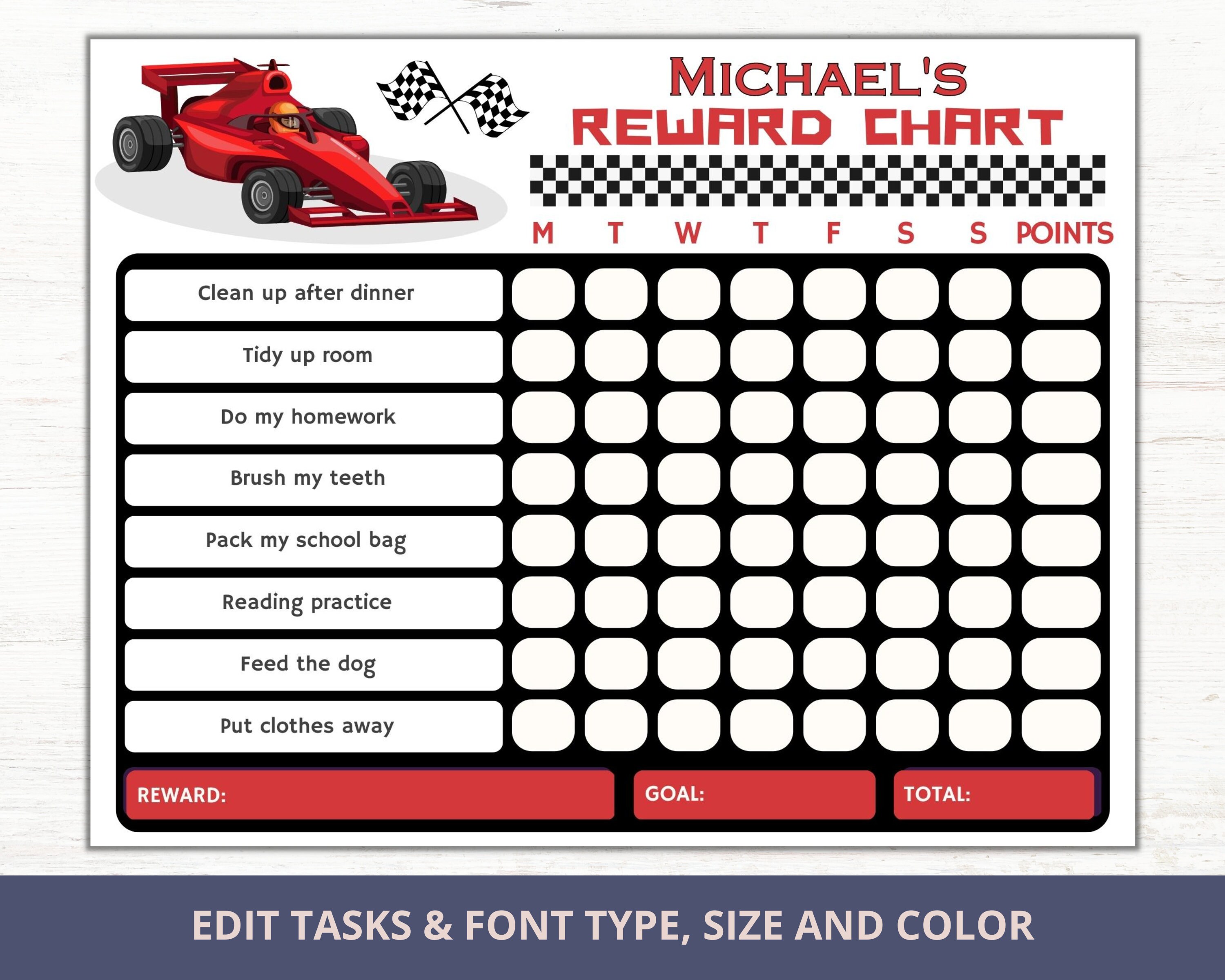 Editable Racing Car Reward Chart, Kids Behavior Chart, Children Routine ...
