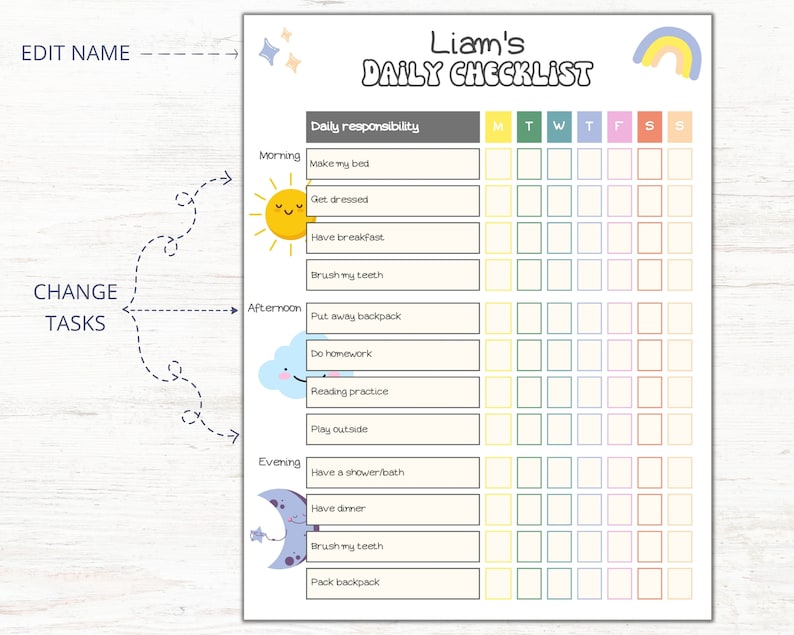 Daily Chart Printable, Editable Routine Chart, Kids Responsibility ...