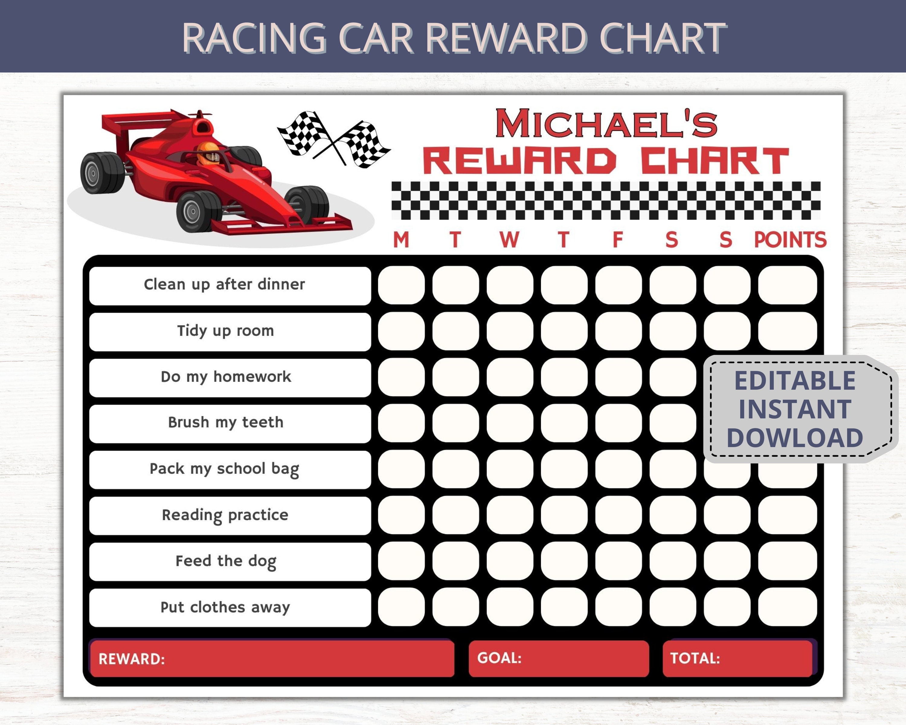 Editable Racing Car Reward Chart, Kids Behavior Chart, Children Routine ...