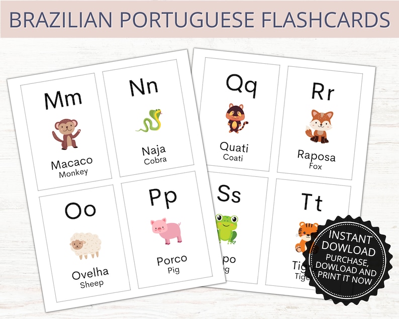 Portuguese & English ABC Flashcards, Printable Bilingual Alphabet ...