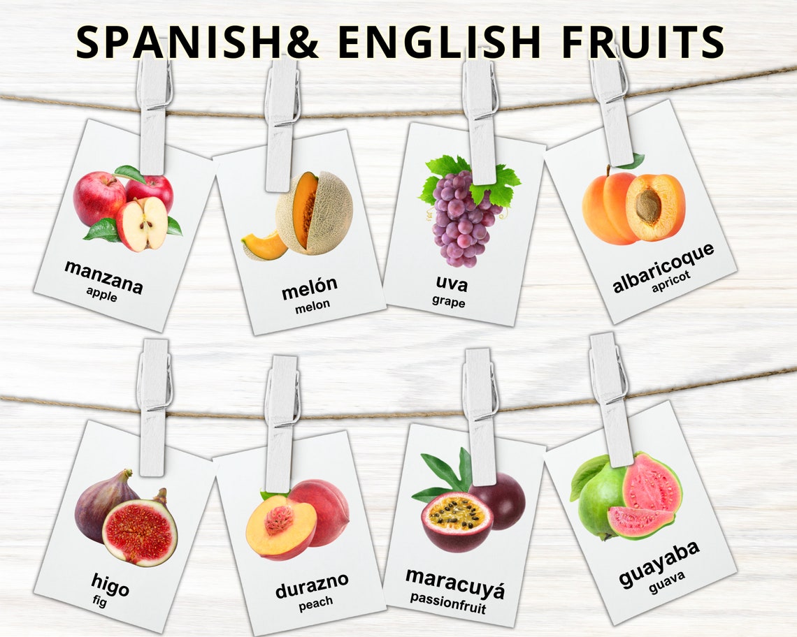 Spanish & English Fruit Flashcards, Printable Bilingual Fruits Flash ...