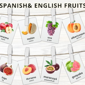 Spanish & English Fruit Flashcards, Printable Bilingual Fruits Flash ...