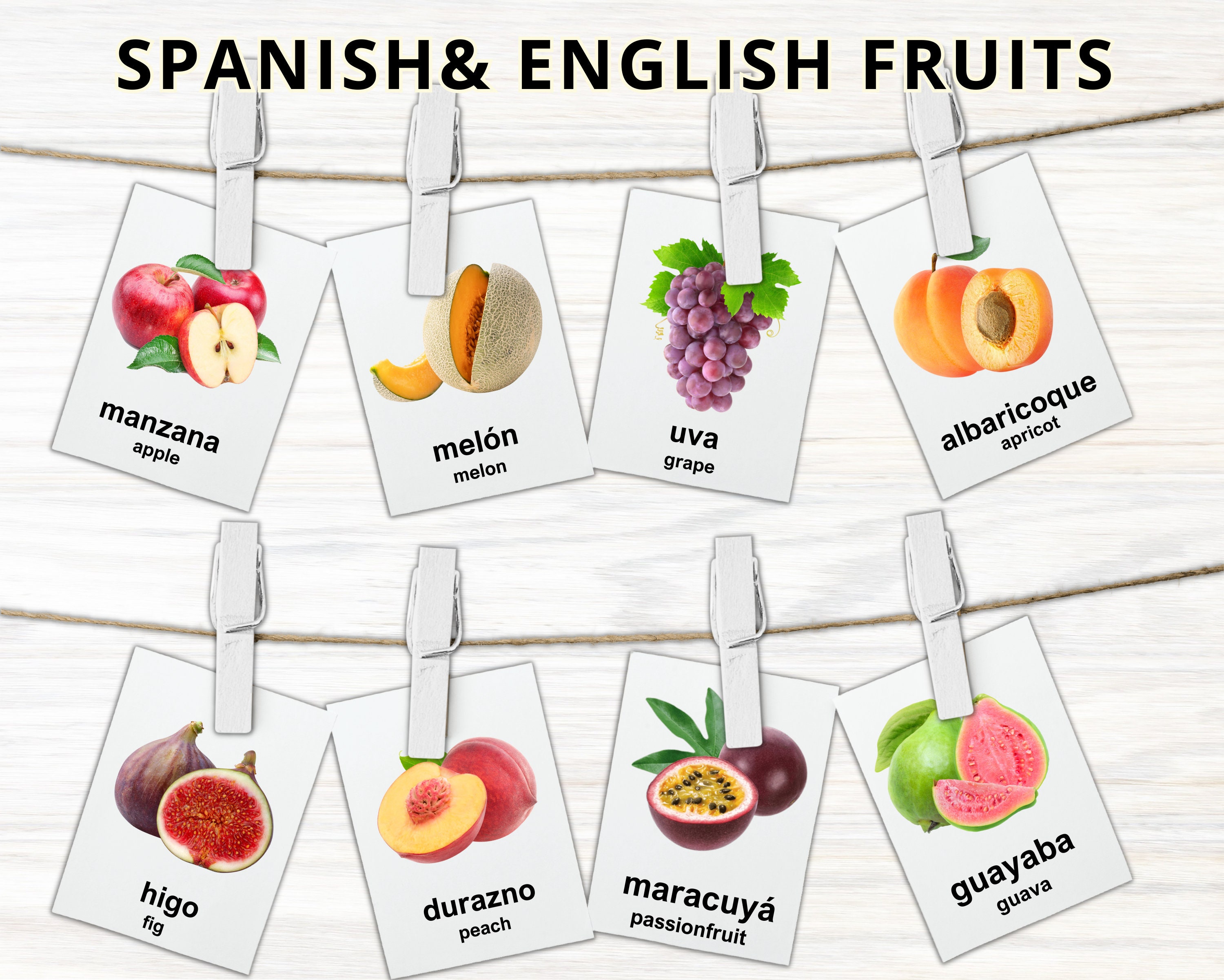 Spanish & English Fruit Flashcards, Printable Bilingual Fruits Flash ...