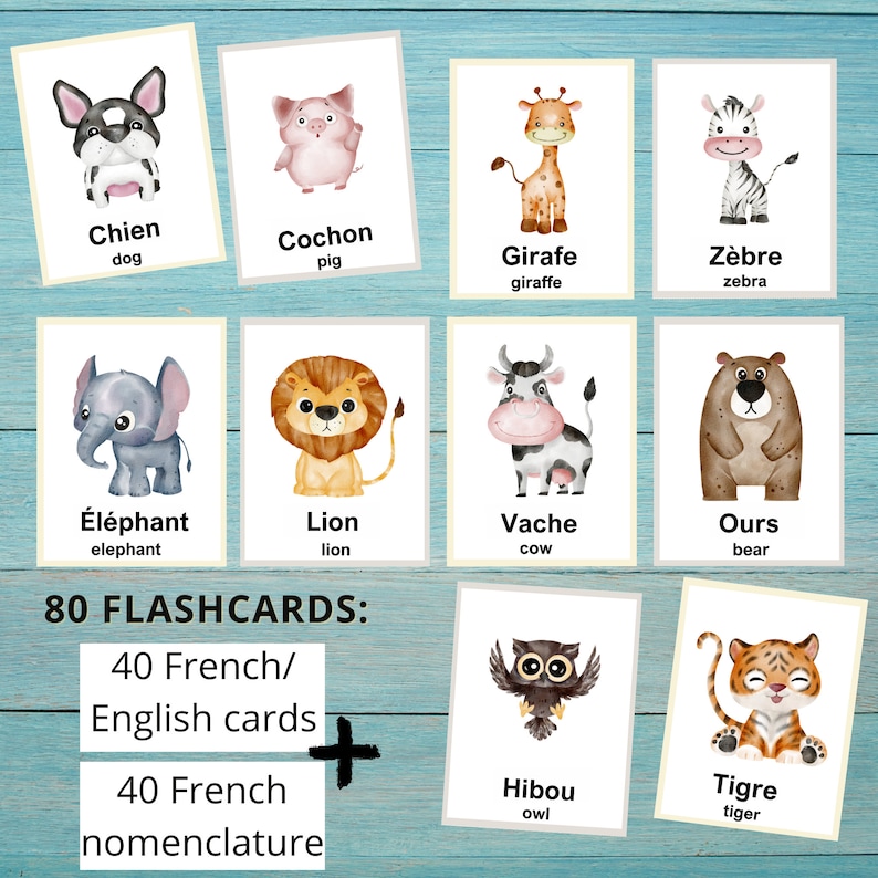 French & English Animal Flashcards, Printable Bilingual Animals Flash ...