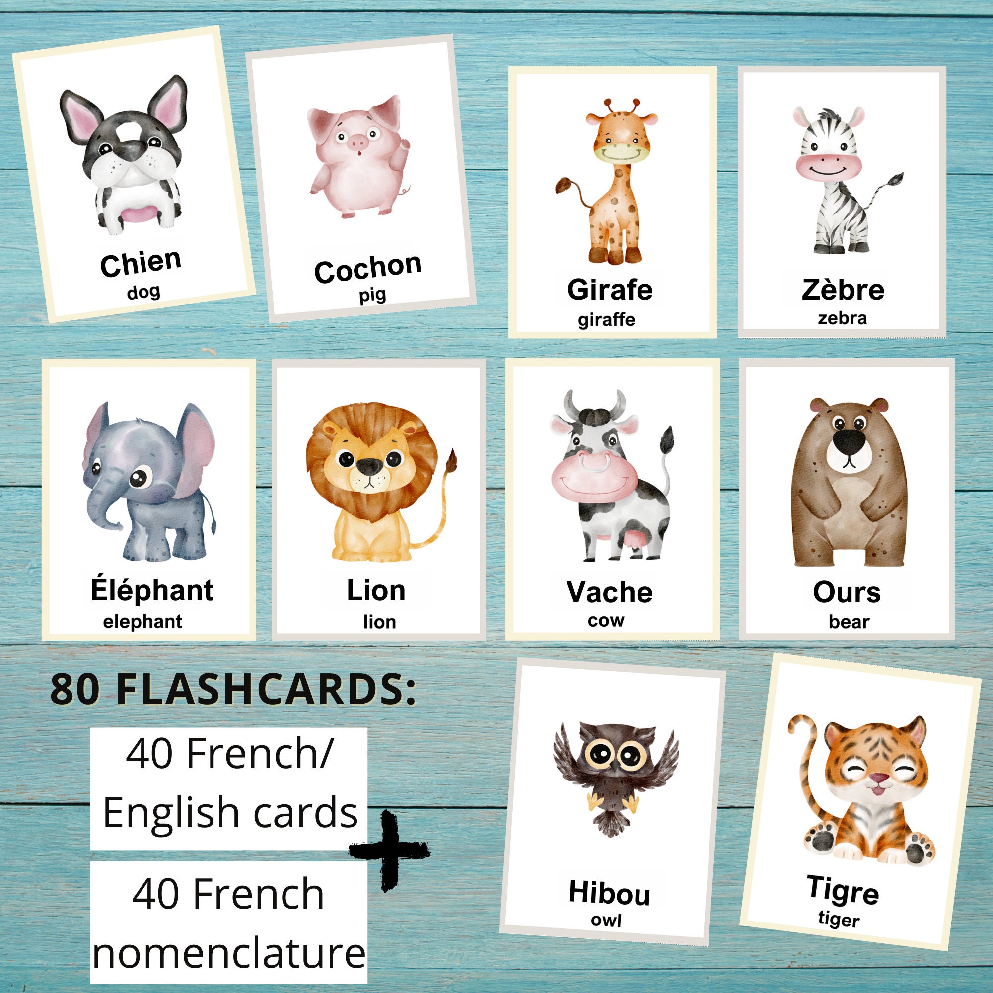 French & English Animal Flashcards, Printable Bilingual Animals Flash ...