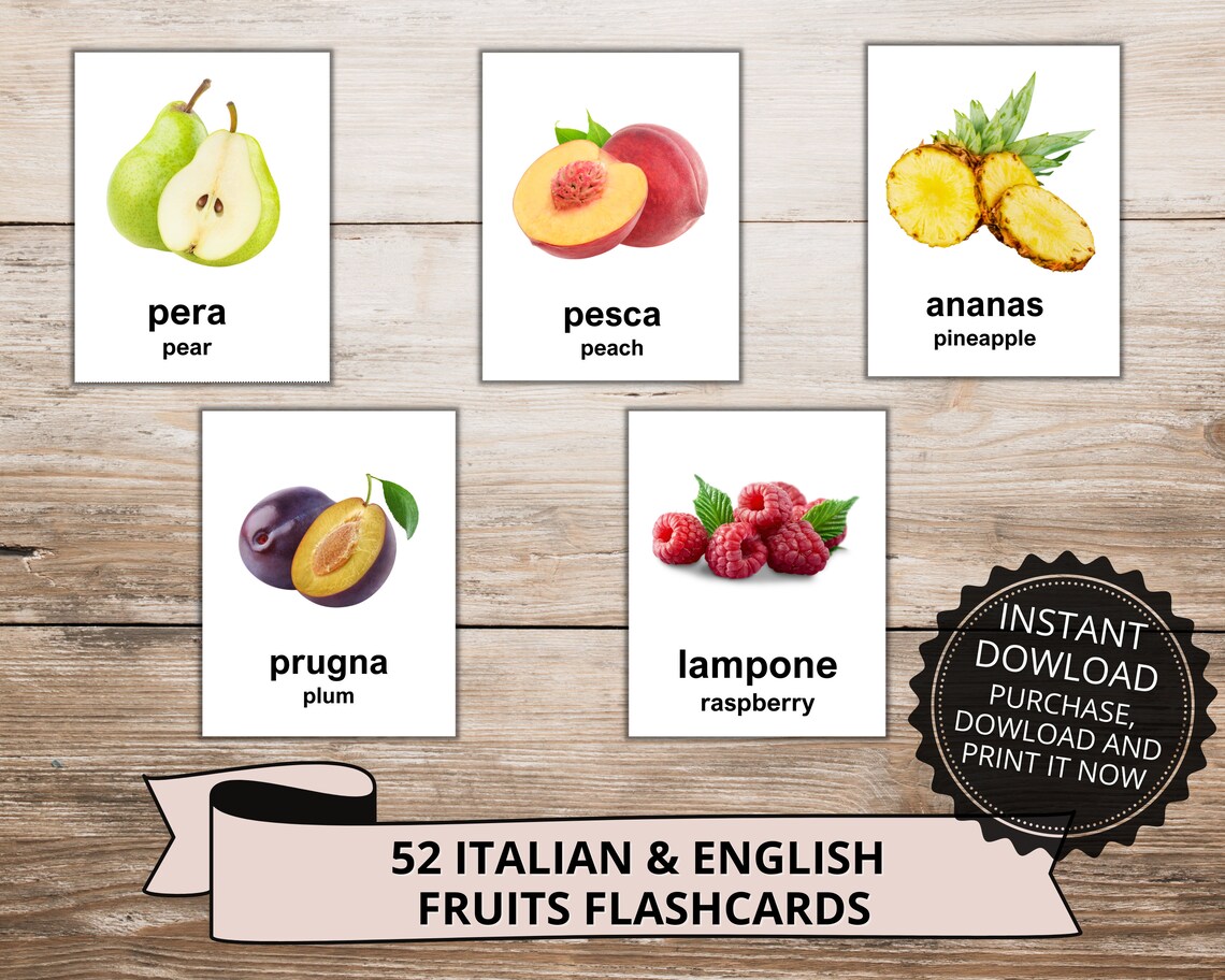 Italian & English Fruit Flashcards, Printable Bilingual Fruits Flash ...