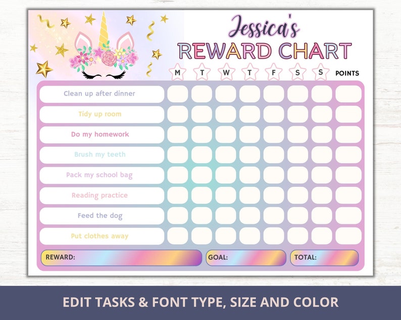 Editable Unicorn Reward Chart, Kids Behavior Chart, Children Routine ...