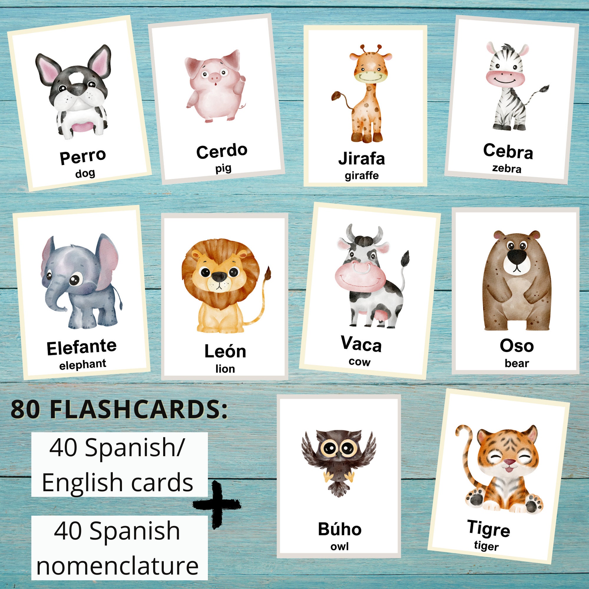 Spanish & English Animal Flashcards, Printable Bilingual Animals Flash ...
