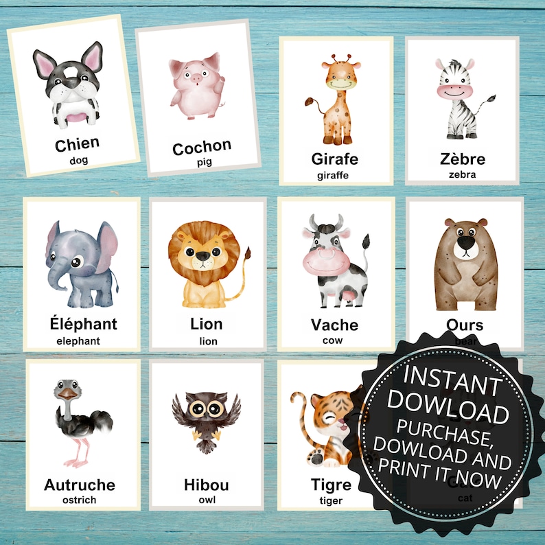 French & English Animal Flashcards, Printable Bilingual Animals Flash ...