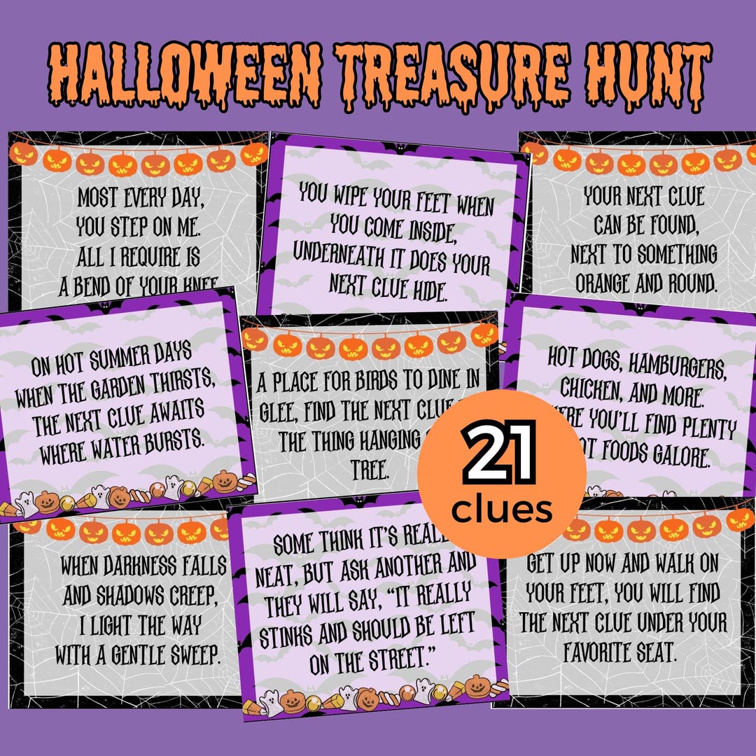 Halloween Treasure Hunt Clues, Outdoor Halloween Scavenger Hunt Clues ...