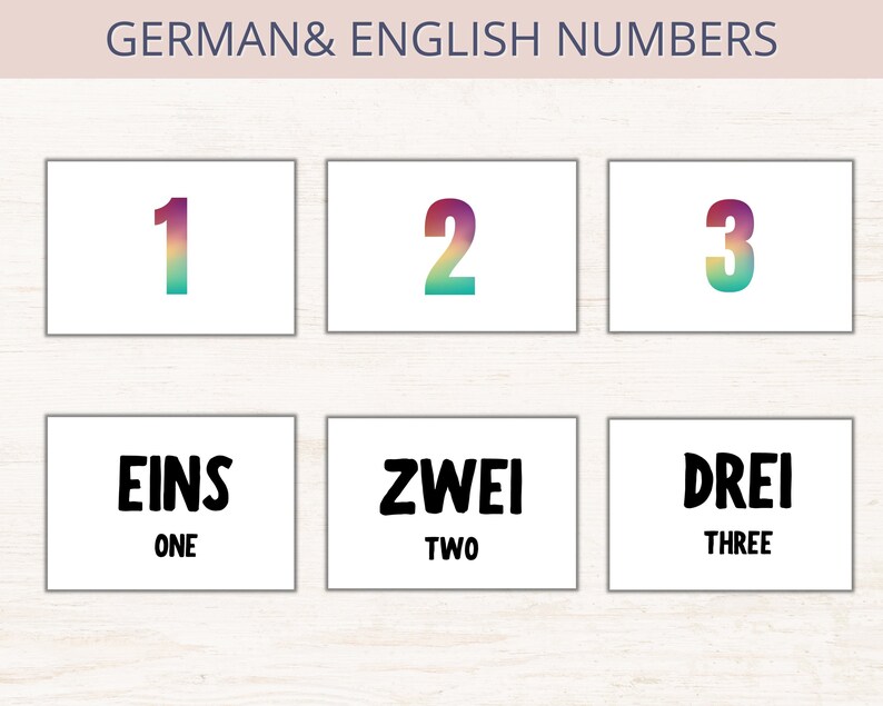 German & English Number Flashcard 0 20, Printable Bilingual Rainbow ...