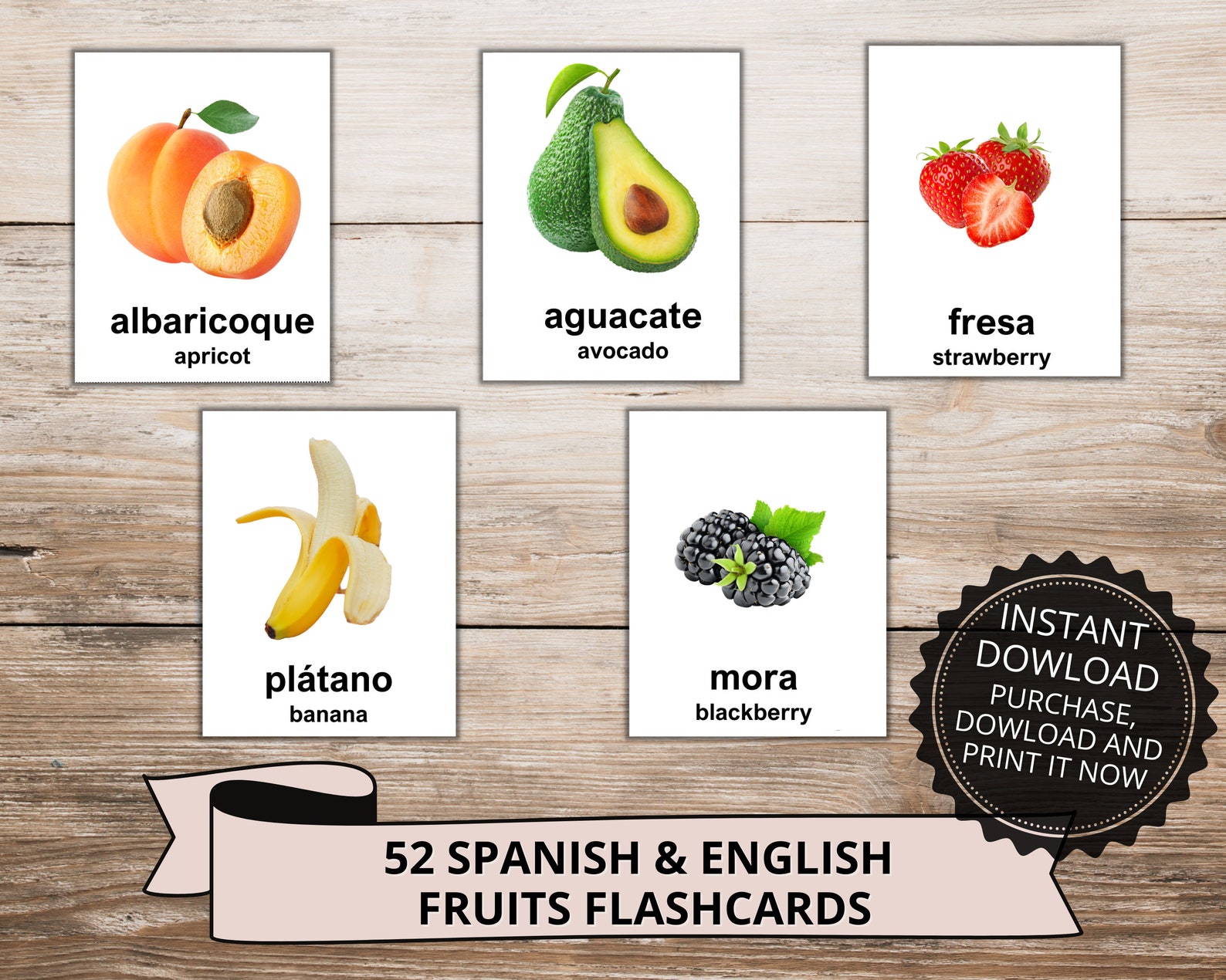 Spanish & English Fruit Flashcards, Printable Bilingual Fruits Flash ...