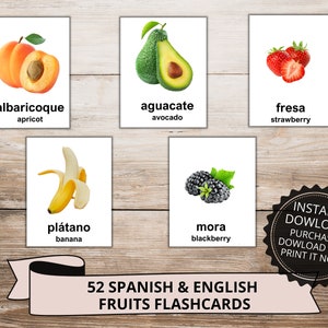 Spanish & English Fruit Flashcards, Printable Bilingual Fruits Flash ...