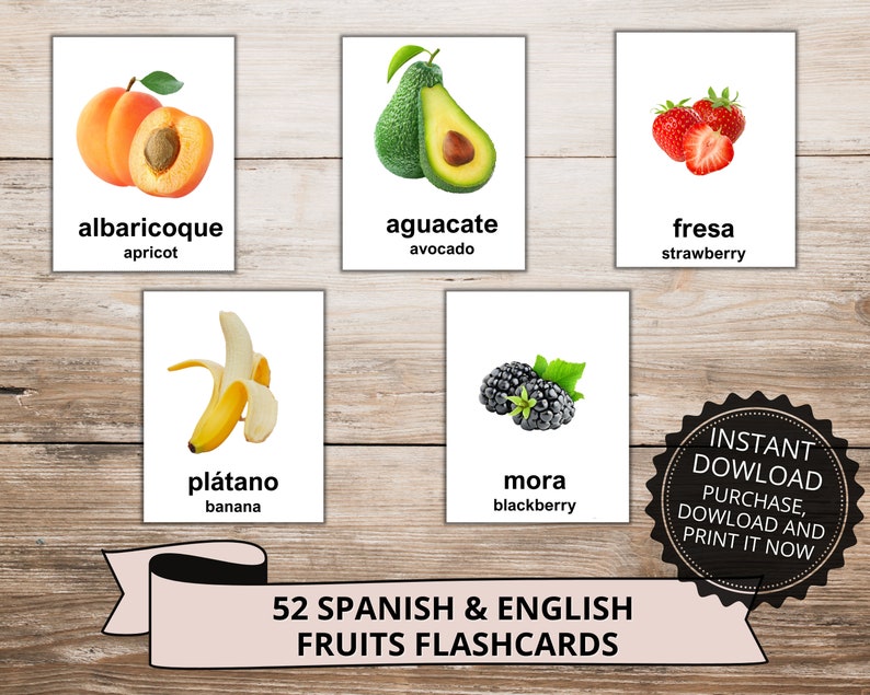 Spanish & English Fruit Flashcards, Printable Bilingual Fruits Flash ...