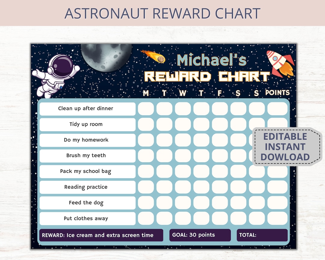 Editable Astronaut Reward Chart, Kids Behavior Chart, Rocket Ship ...