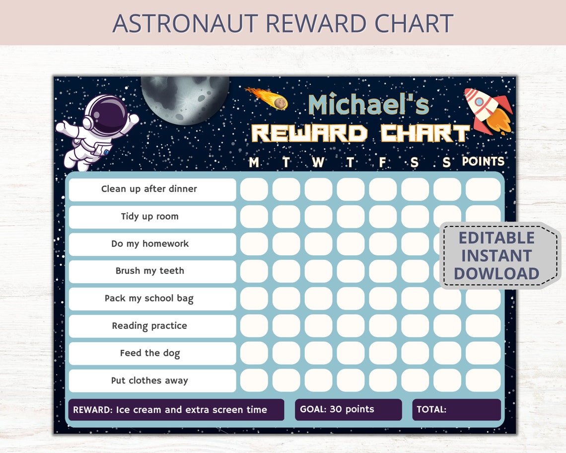 Editable Astronaut Reward Chart, Kids Behavior Chart, Rocket Ship ...