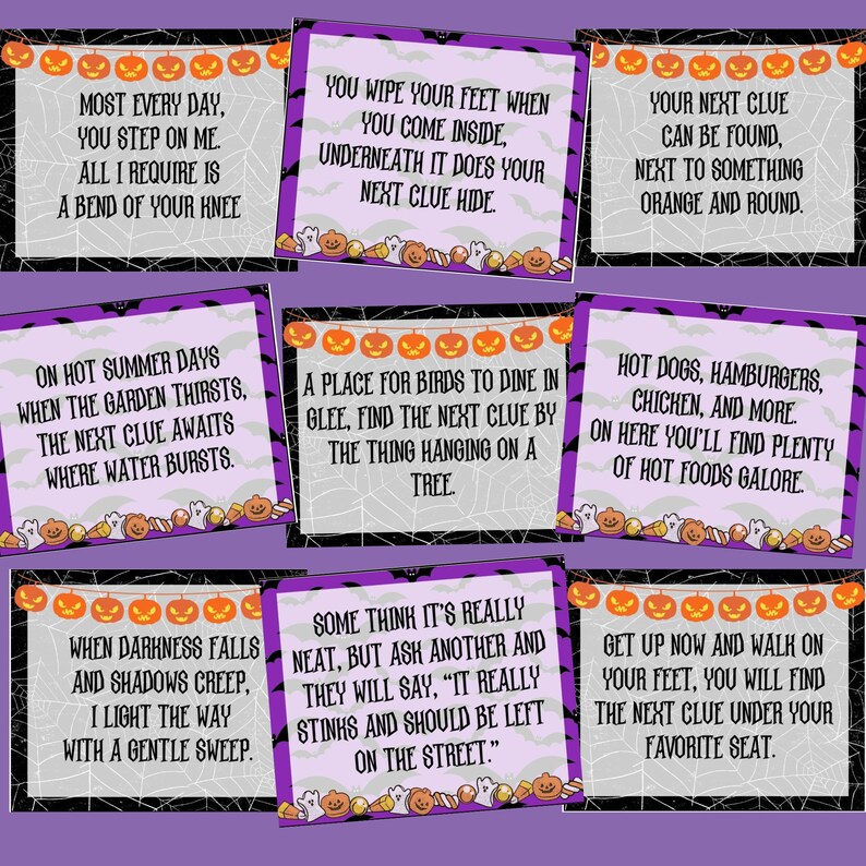 Halloween Treasure Hunt Clues, Outdoor Halloween Scavenger Hunt Clues ...