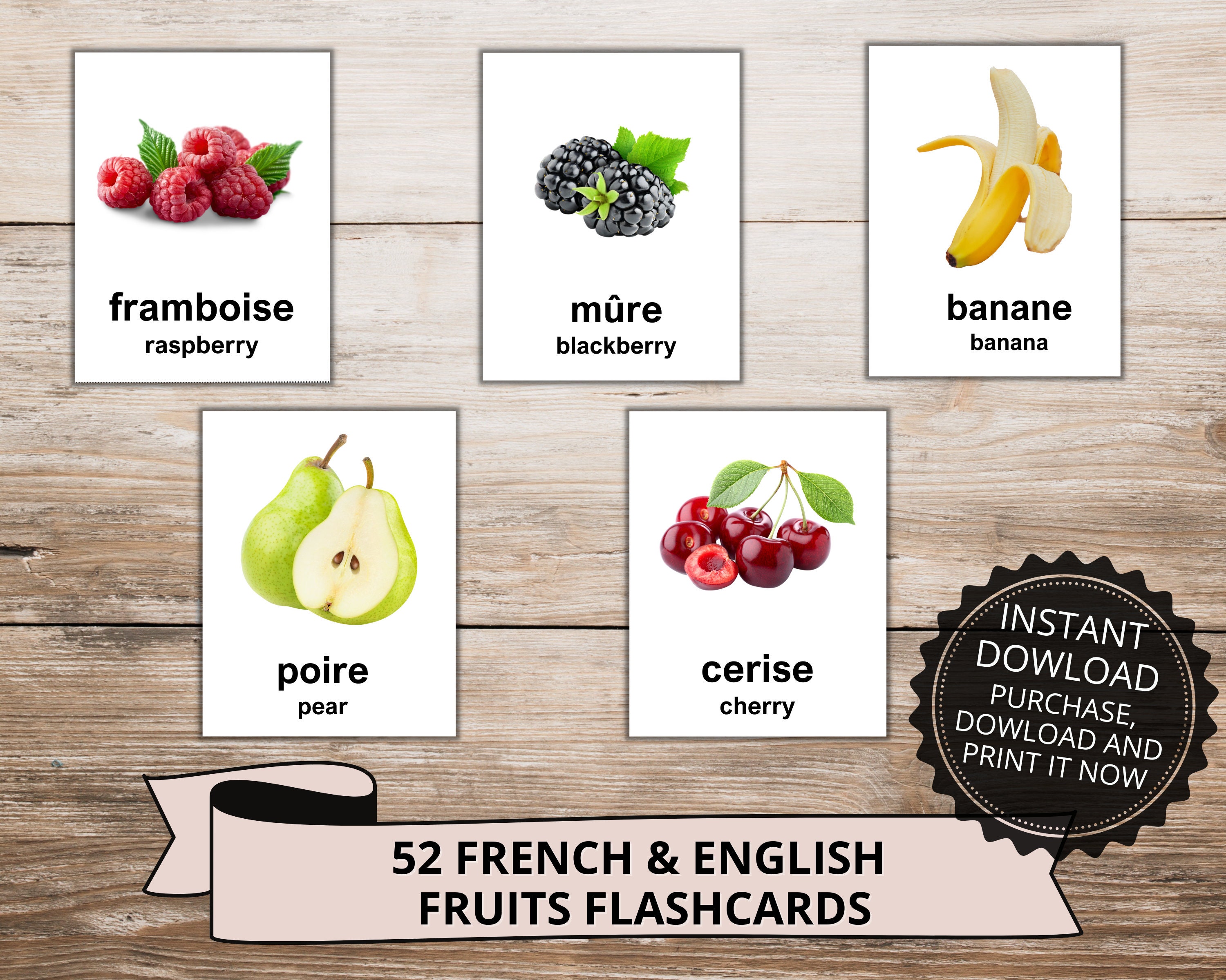 French & English Fruit Flashcards, Printable Bilingual Fruits Flash ...