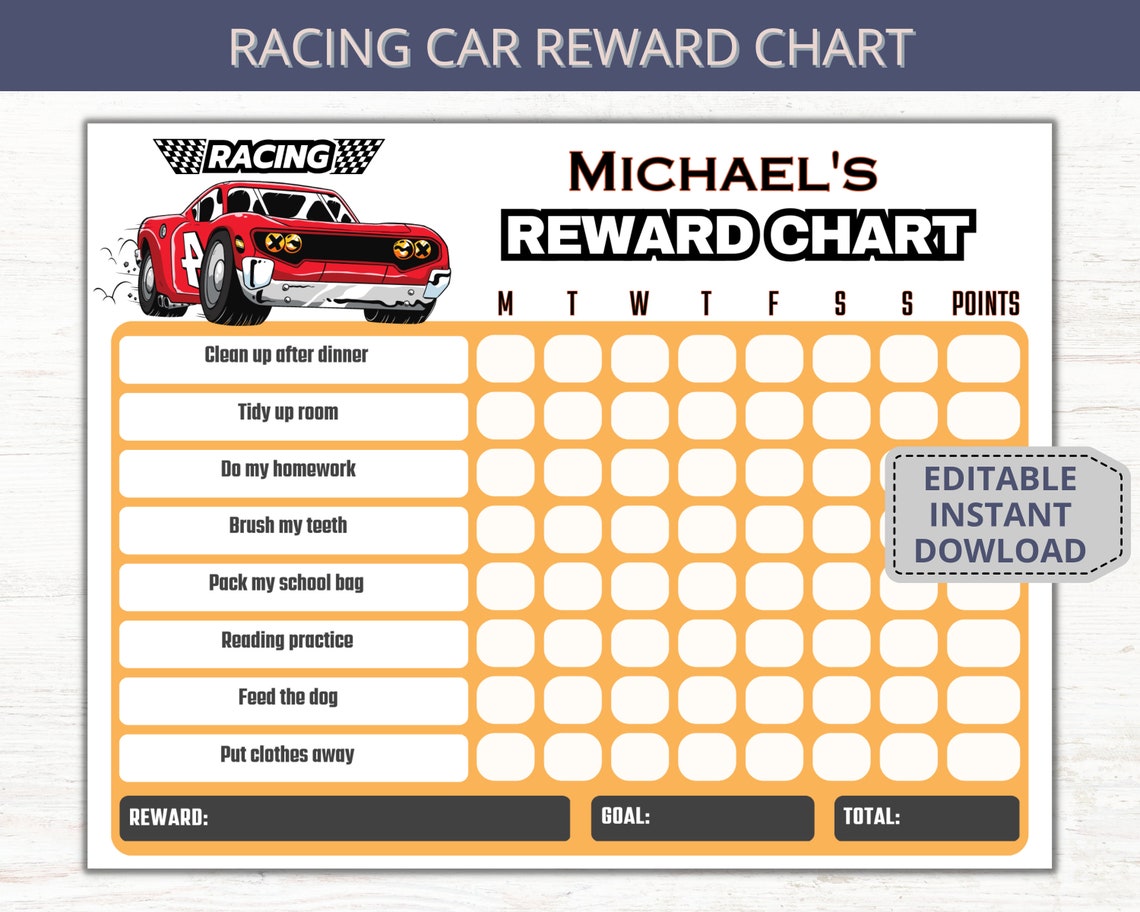 Editable Racing Car Reward Chart, Kids Behavior Chart, Children Routine ...