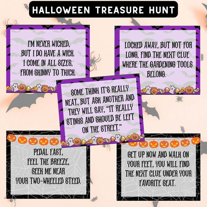 Halloween Treasure Hunt Clues, Outdoor Halloween Scavenger Hunt Clues ...