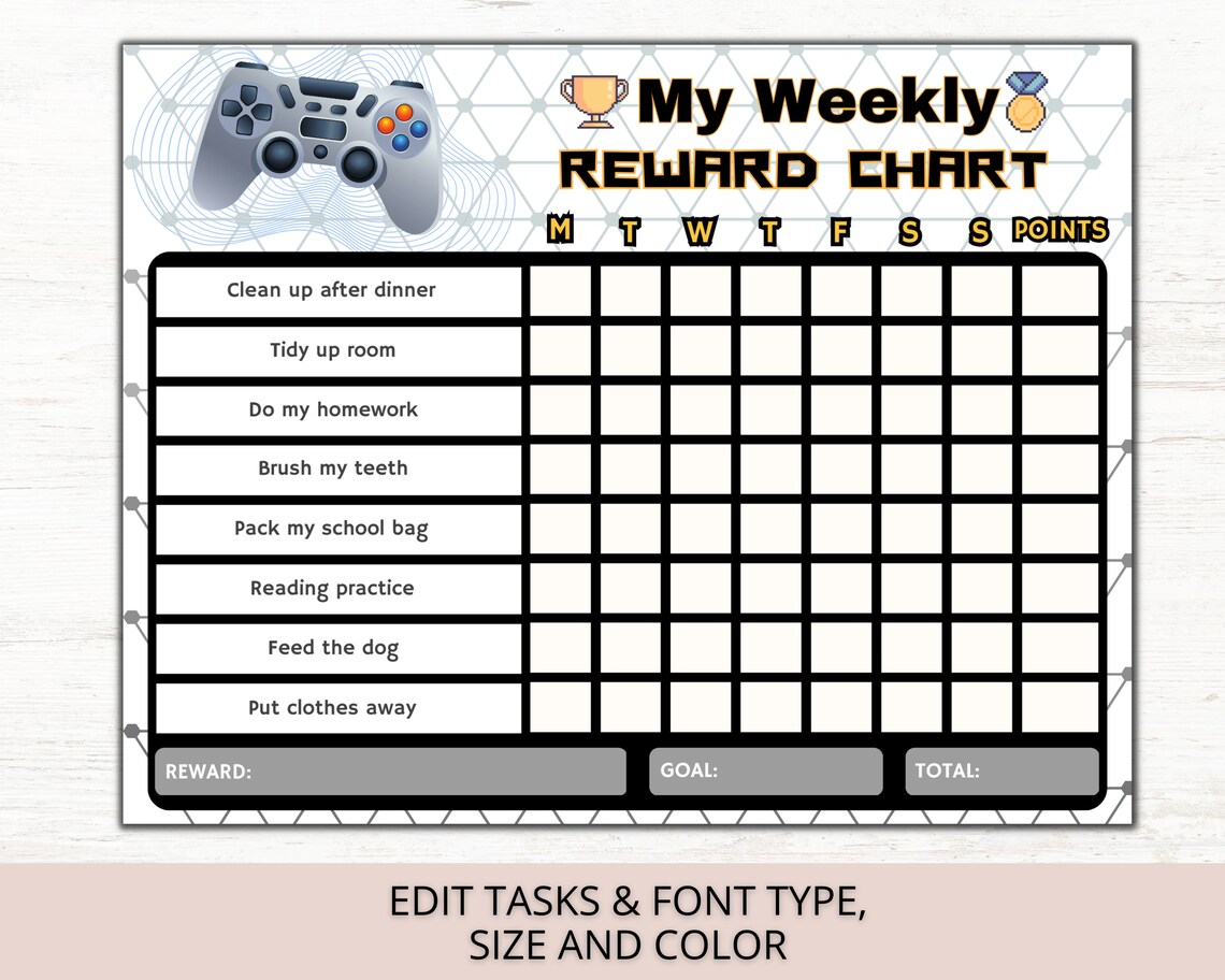 Editable Gaming Reward Chart, Kids Behavior Chart, Children Routine ...