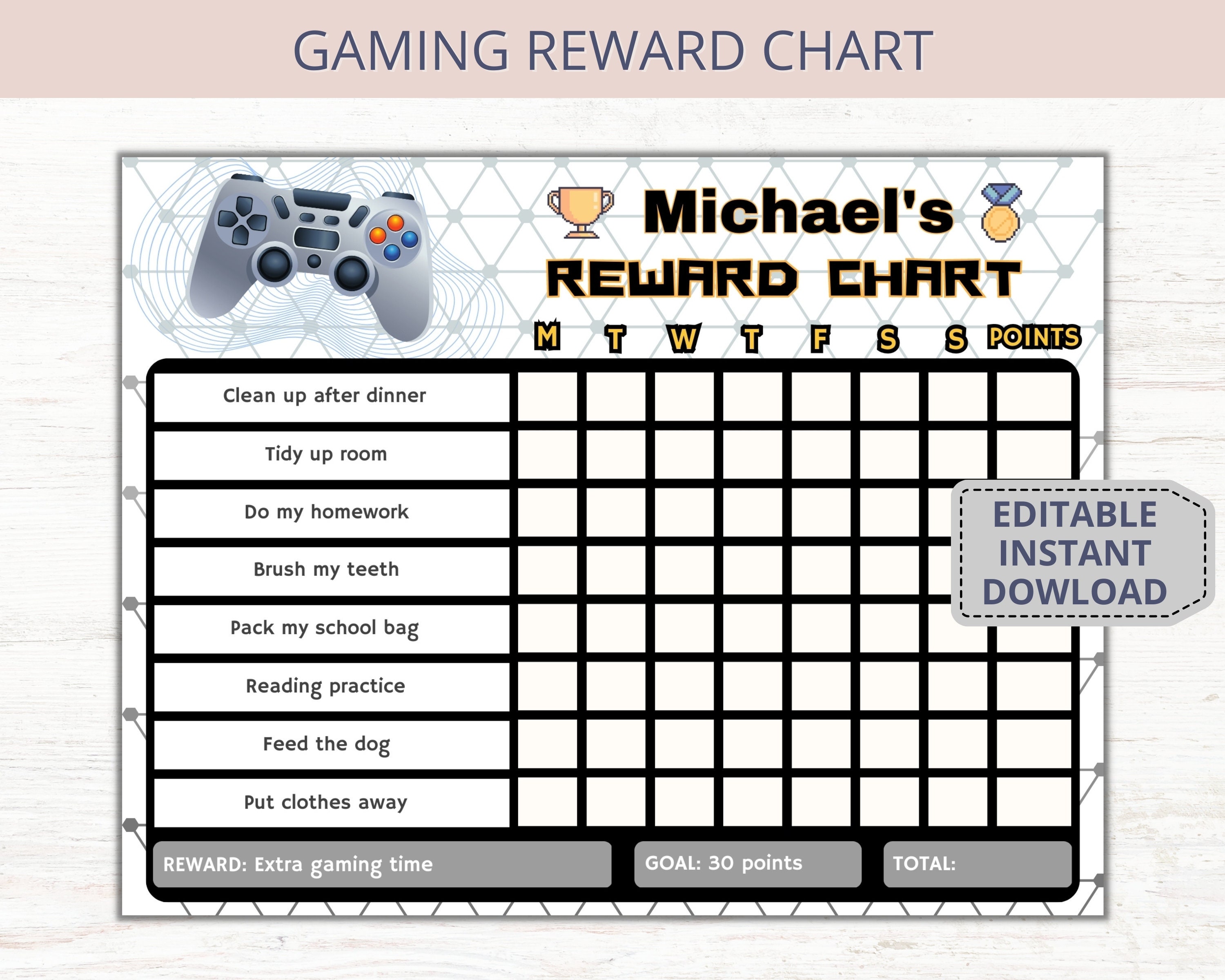 Editable Gaming Reward Chart, Kids Behavior Chart, Children Routine ...
