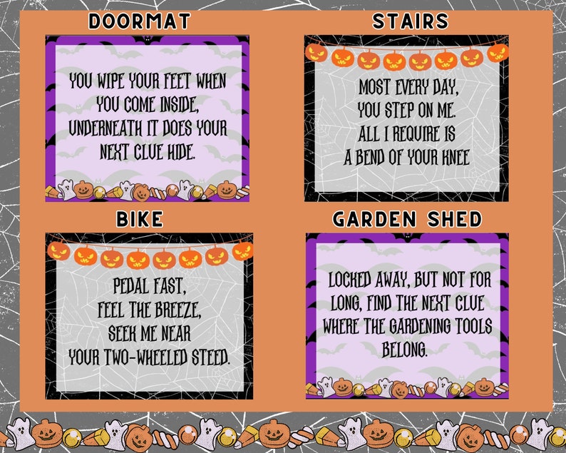 Halloween Treasure Hunt Clues, Outdoor Halloween Scavenger Hunt Clues ...