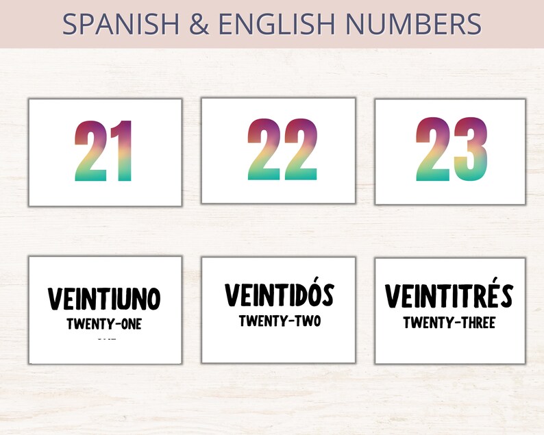 Spanish & English Number Flashcard 20 100, Printable Bilingual Rainbow ...