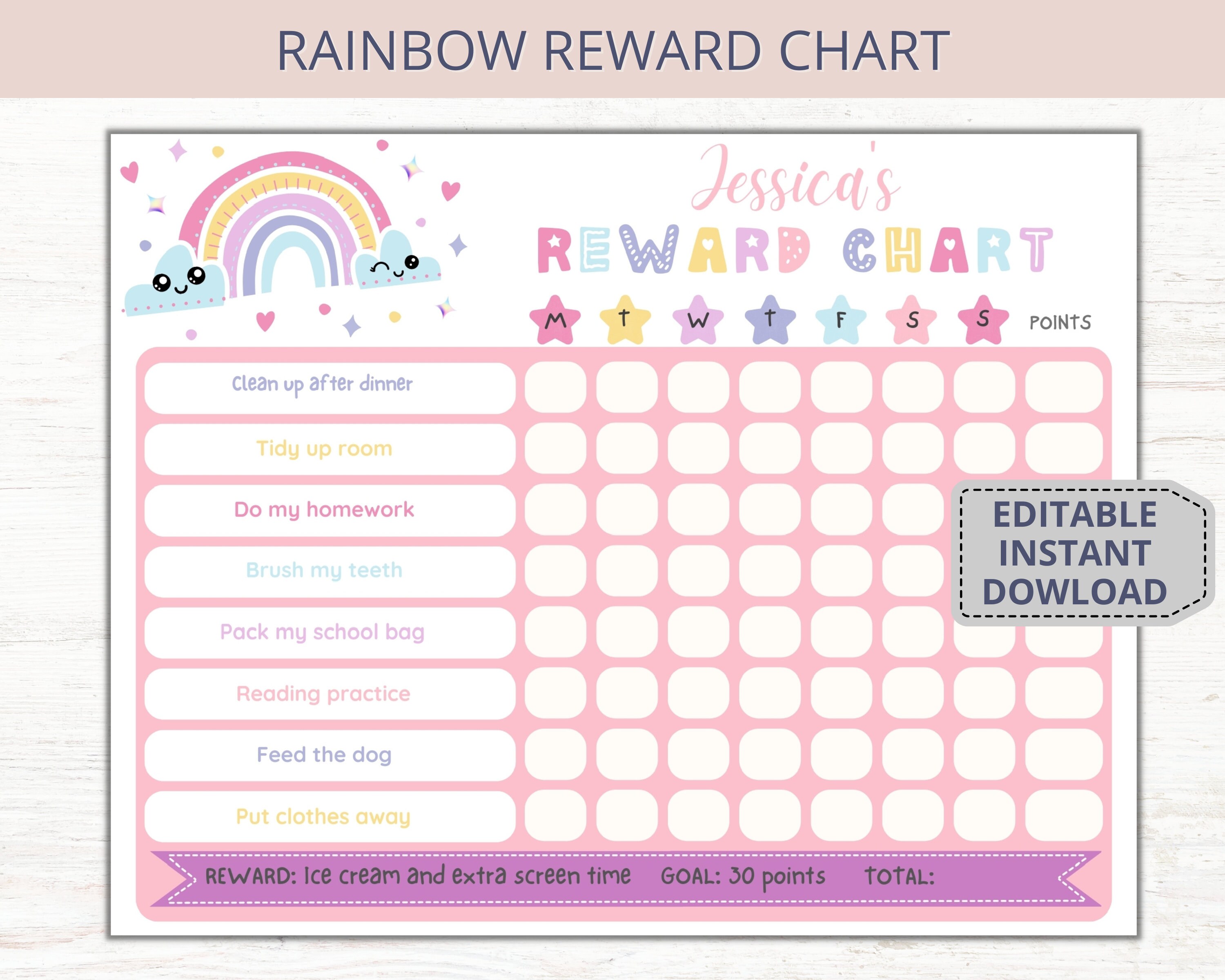 Editable Rainbow Reward Chart, Kids Chore Chart (digital Download) - Etsy