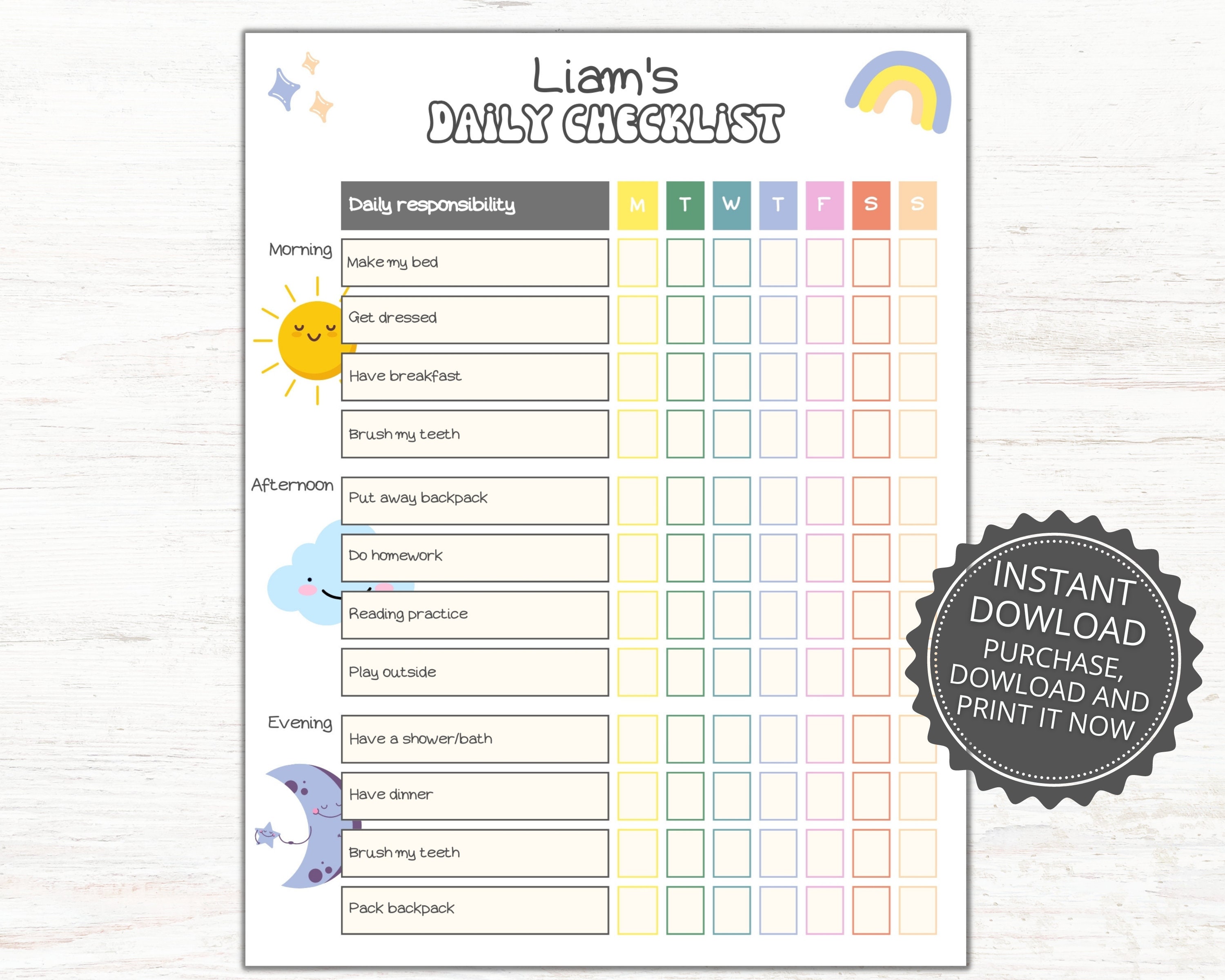 Daily Chart Printable, Editable Routine Chart, Kids Responsibility ...