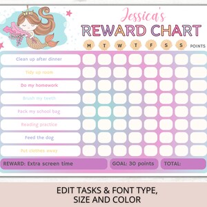 Editable Mermaid Reward Chart, Kids Behavior Chart, Children Routine ...