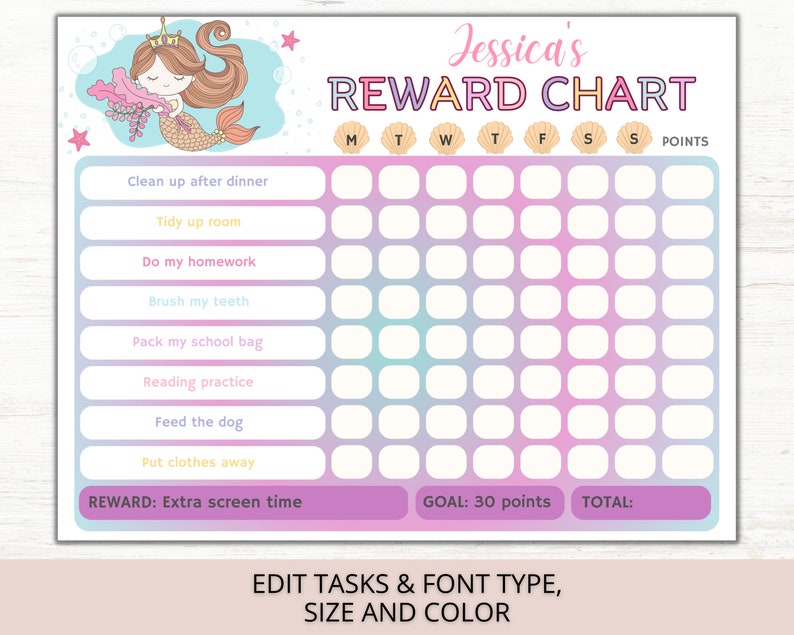 Editable Mermaid Reward Chart Kids Behavior Chart Children - Etsy