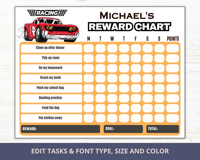 Editable Racing Car Reward Chart, Kids Behavior Chart, Children Routine ...