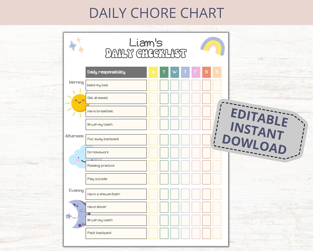 Daily Chart Printable, Editable Routine Chart, Kids Responsibility ...