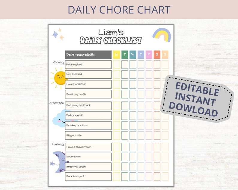 Daily Chart Printable, Editable Routine Chart, Kids Responsibility ...