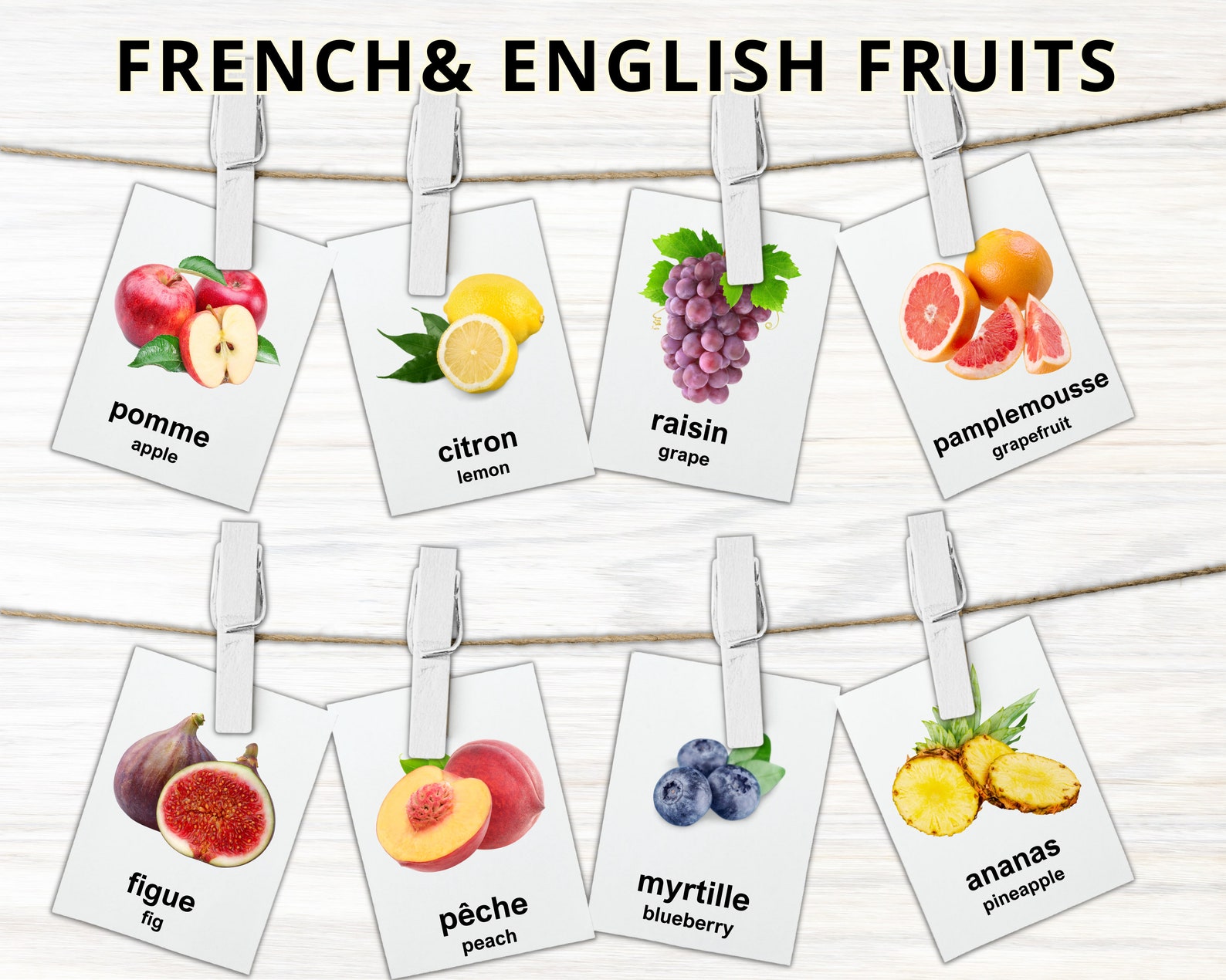French & English Fruit Flashcards, Printable Bilingual Fruits Flash ...