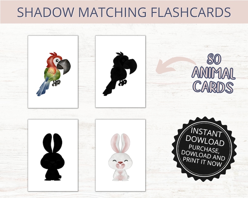 Shadow Matching Flashcards, 80 Printable Montessori Cards, Toddler ...