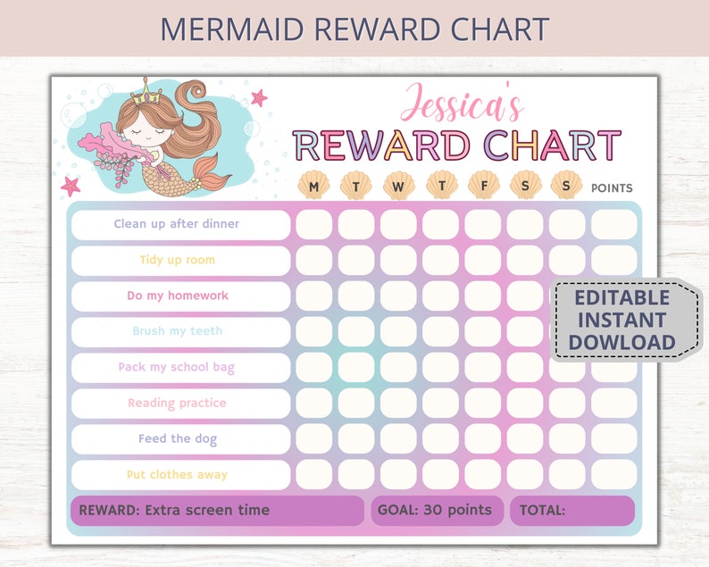 Editable Mermaid Reward Chart Kids Behavior Chart Children - Etsy