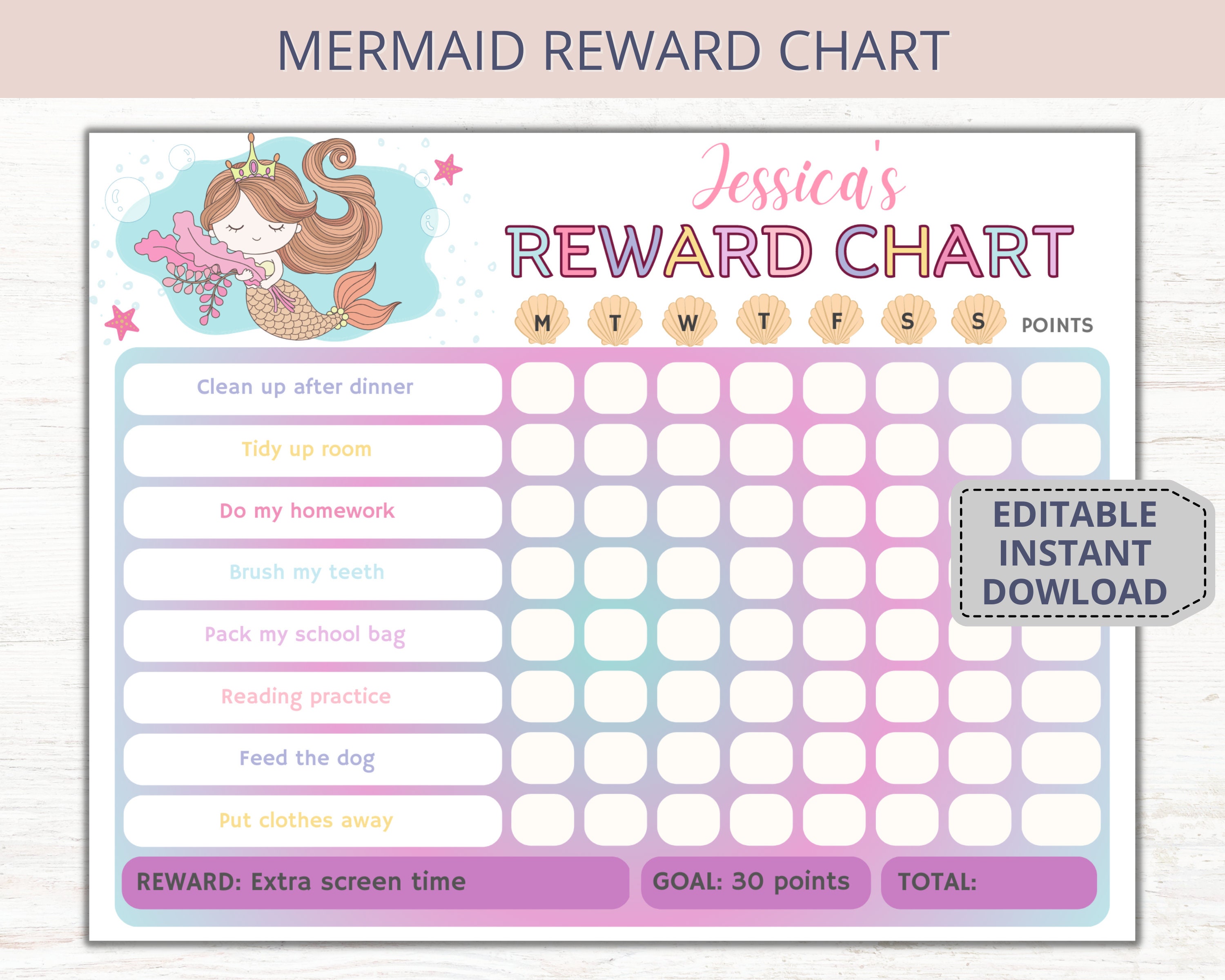 Editable Mermaid Reward Chart, Kids Behavior Chart, Children Routine ...