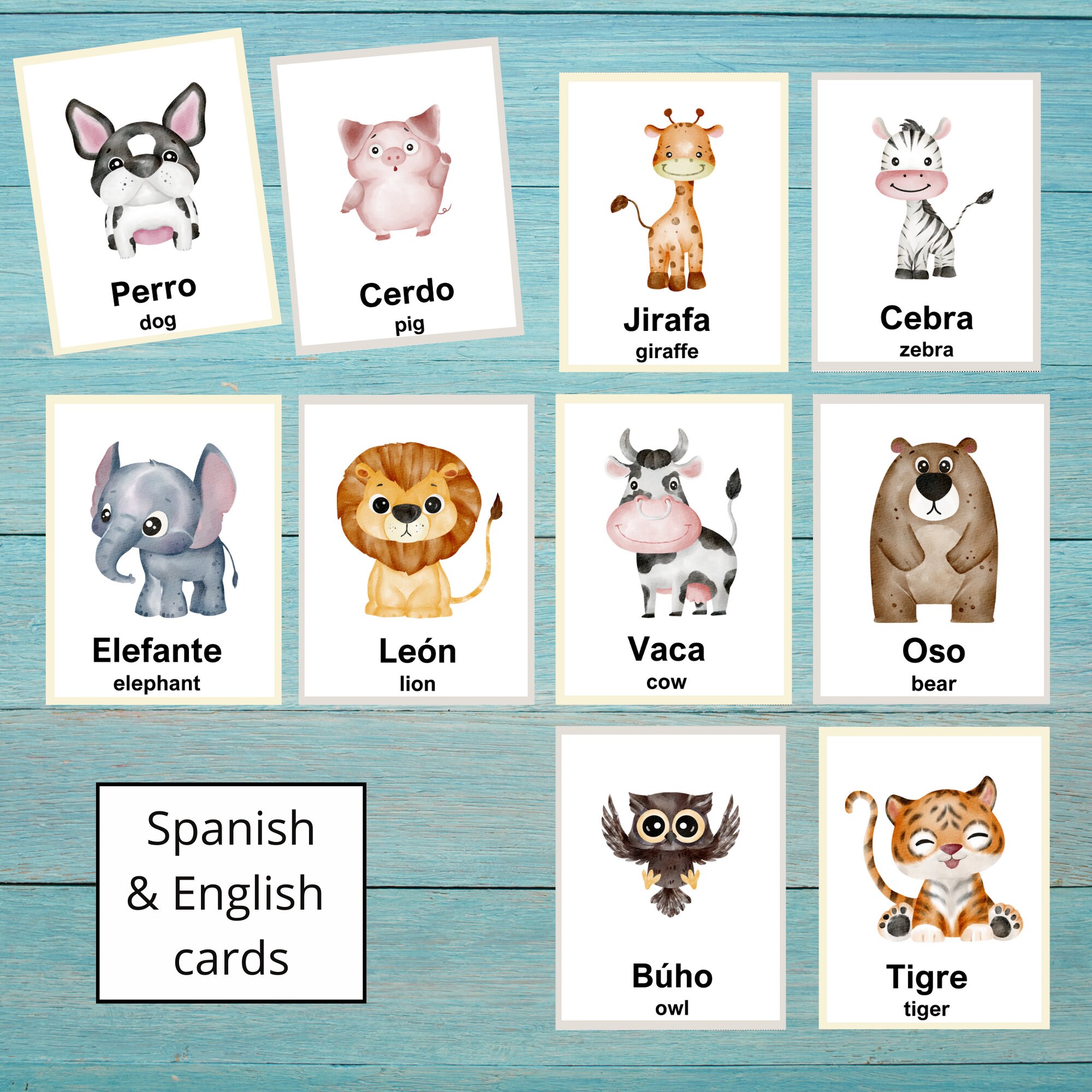 Spanish & English Animal Flashcards, Printable Bilingual Animals Flash ...